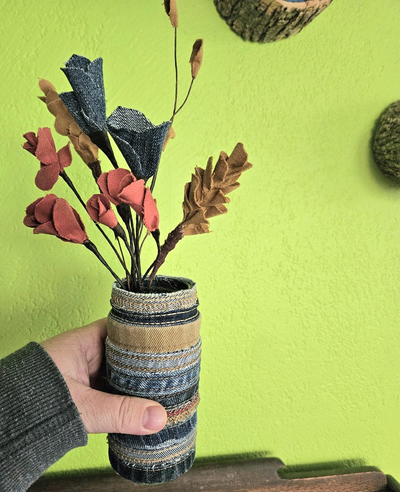 Unique Recycled Denim Vase With Handmade Fabric Flowers, Fall Floral ...