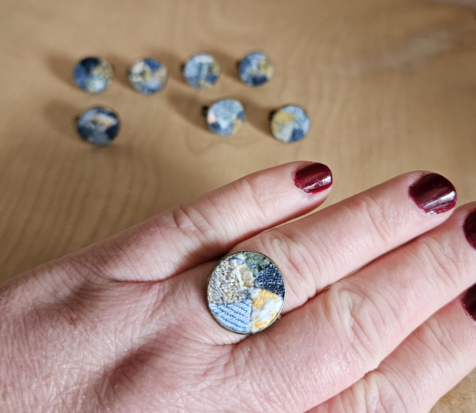 Patchwork Denim and Fabric Ring, Antique Bronze Adjustable Ring Band ...