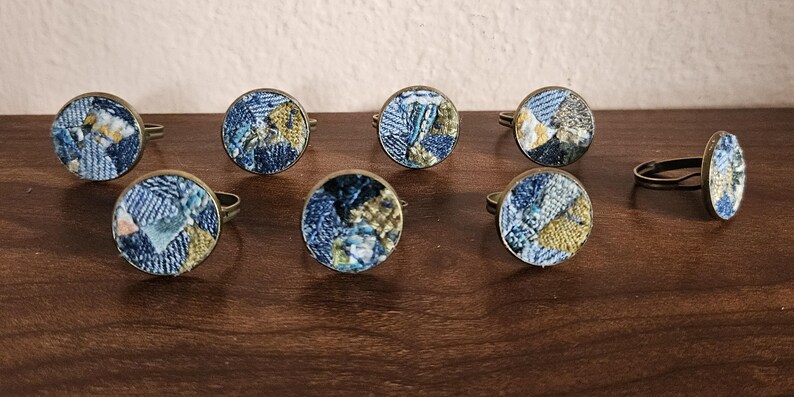 Patchwork Denim and Fabric Ring, Antique Bronze Adjustable Ring Band ...