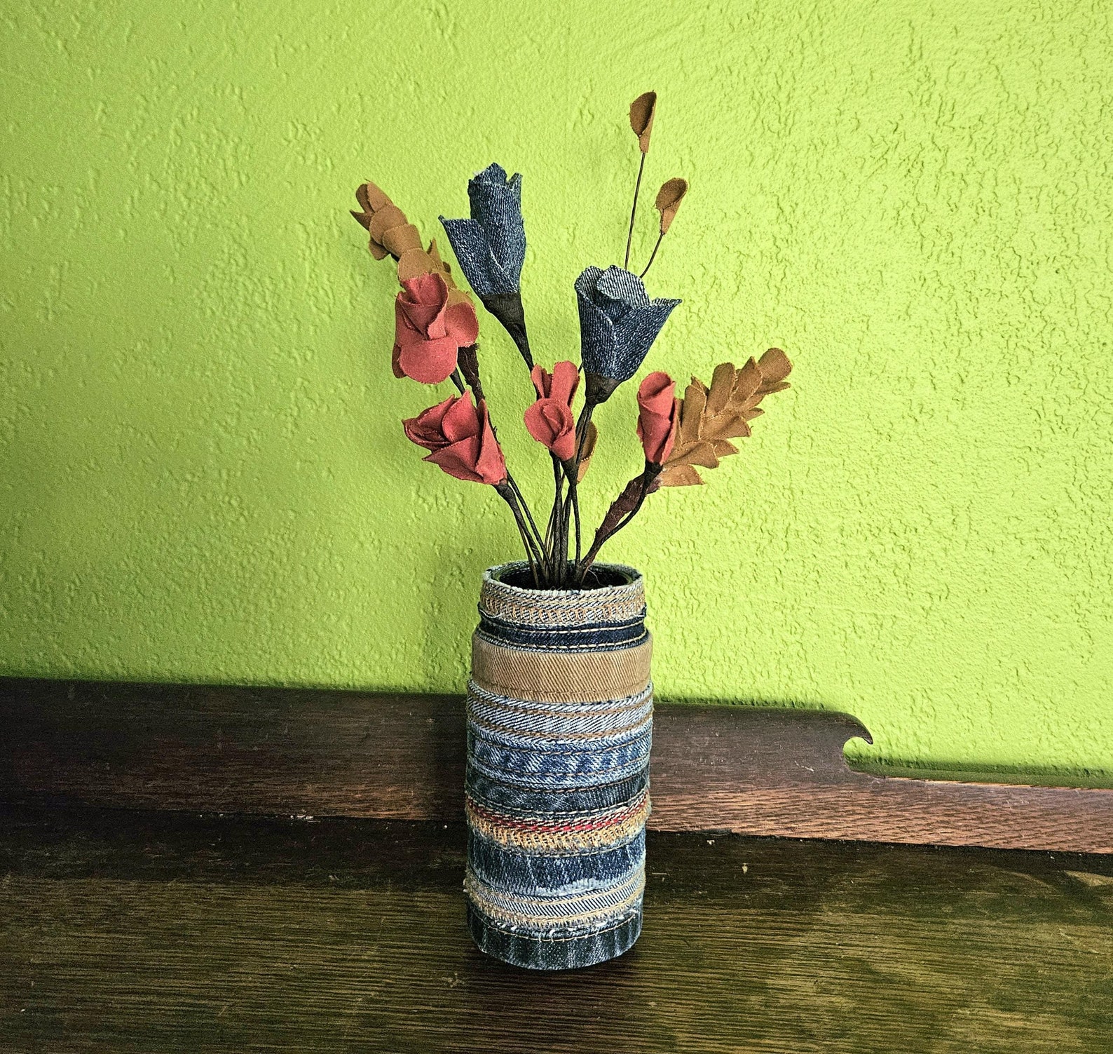 Unique Recycled Denim Vase With Handmade Fabric Flowers, Fall Floral ...