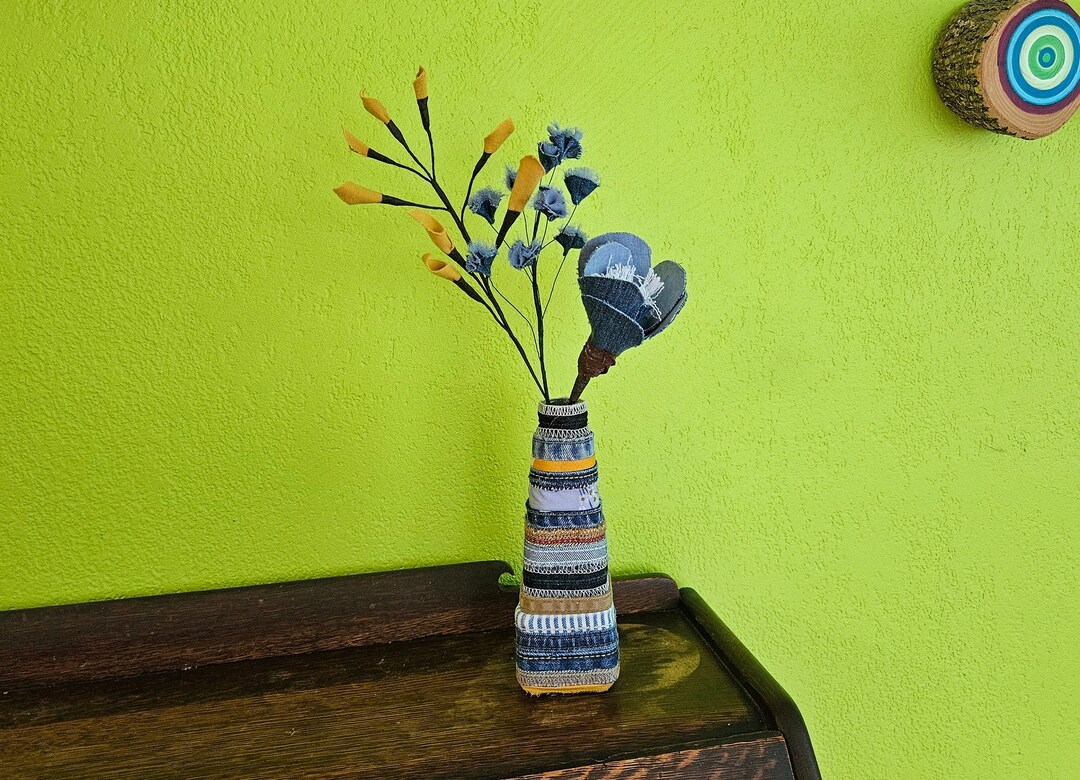 Handmade Faux Flowers in Vase, Recycled Denim and Textile Art, Upcycled ...