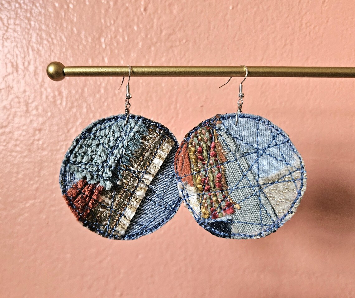 Large Modern Circle Patchwork Denim and Fabric Sterling Silver Earrings, Big Round Statement ...