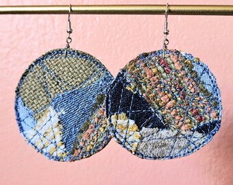 Large Modern Circle Patchwork Denim and Fabric Sterling Silver Earrings, Big Round Statement ...