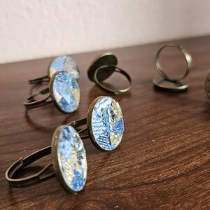 Patchwork Denim and Fabric Ring, Antique Bronze Adjustable Ring Band ...