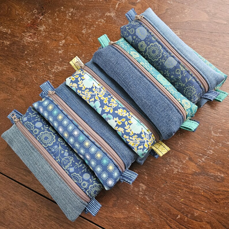 Upcycled Denim Boxy Pencil Case, Petite Zipper Pouch in Shades of Blue ...