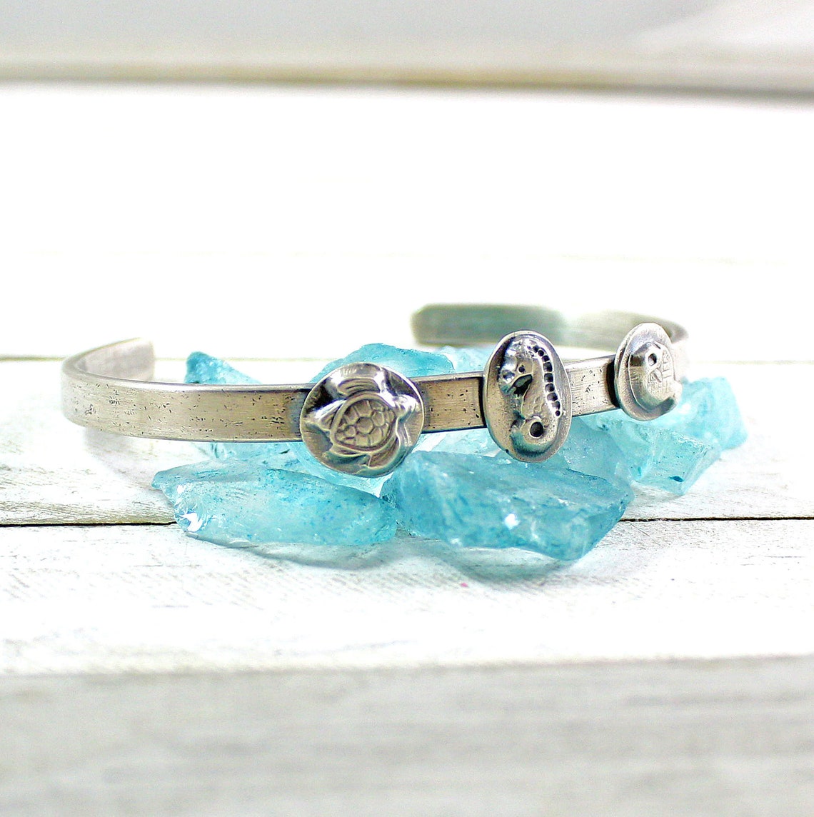 Ocean Life Cuff Bracelet in Sterling Silver With Turtle Seahorse Fish ...