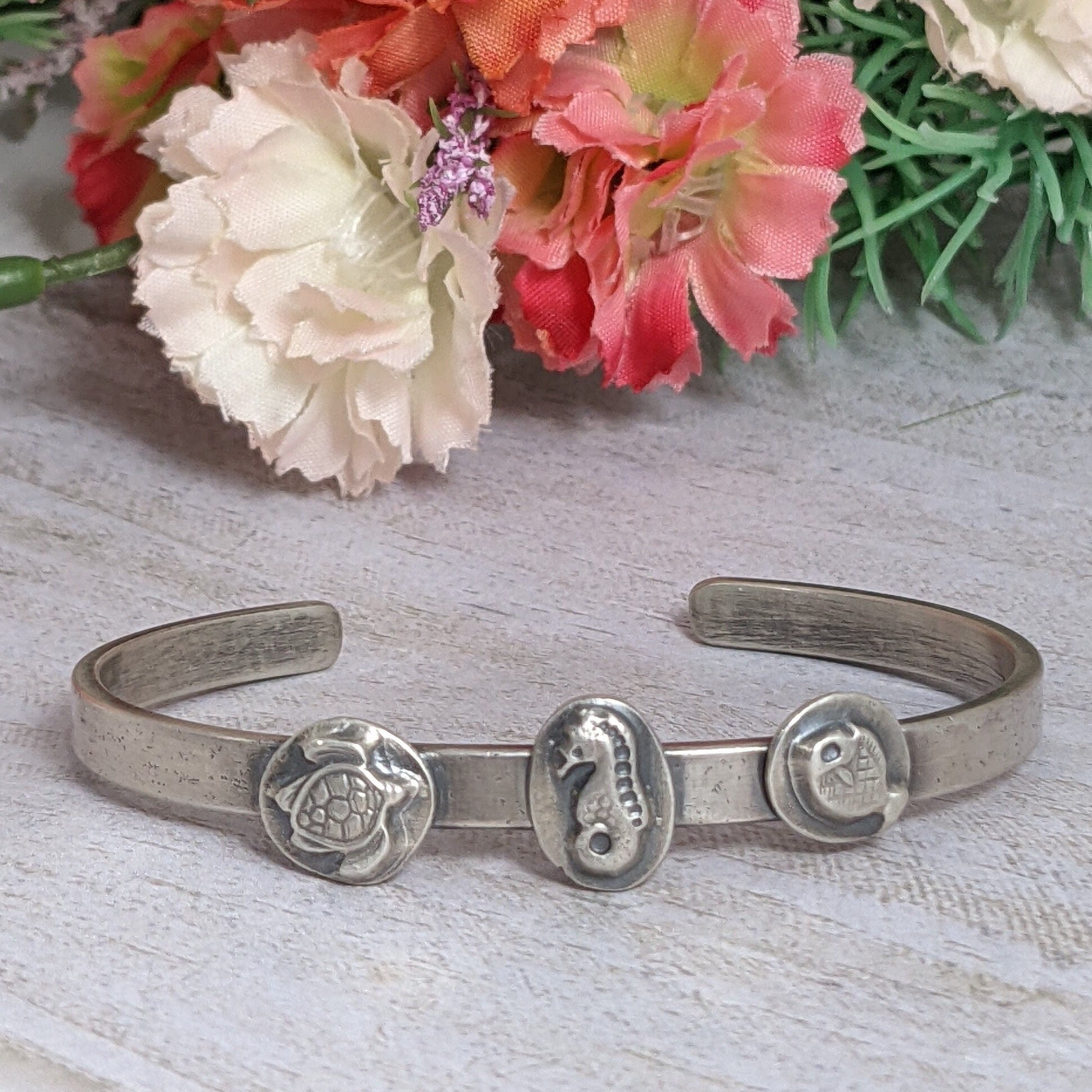 Ocean Life Cuff Bracelet in Sterling Silver With Turtle Seahorse Fish ...