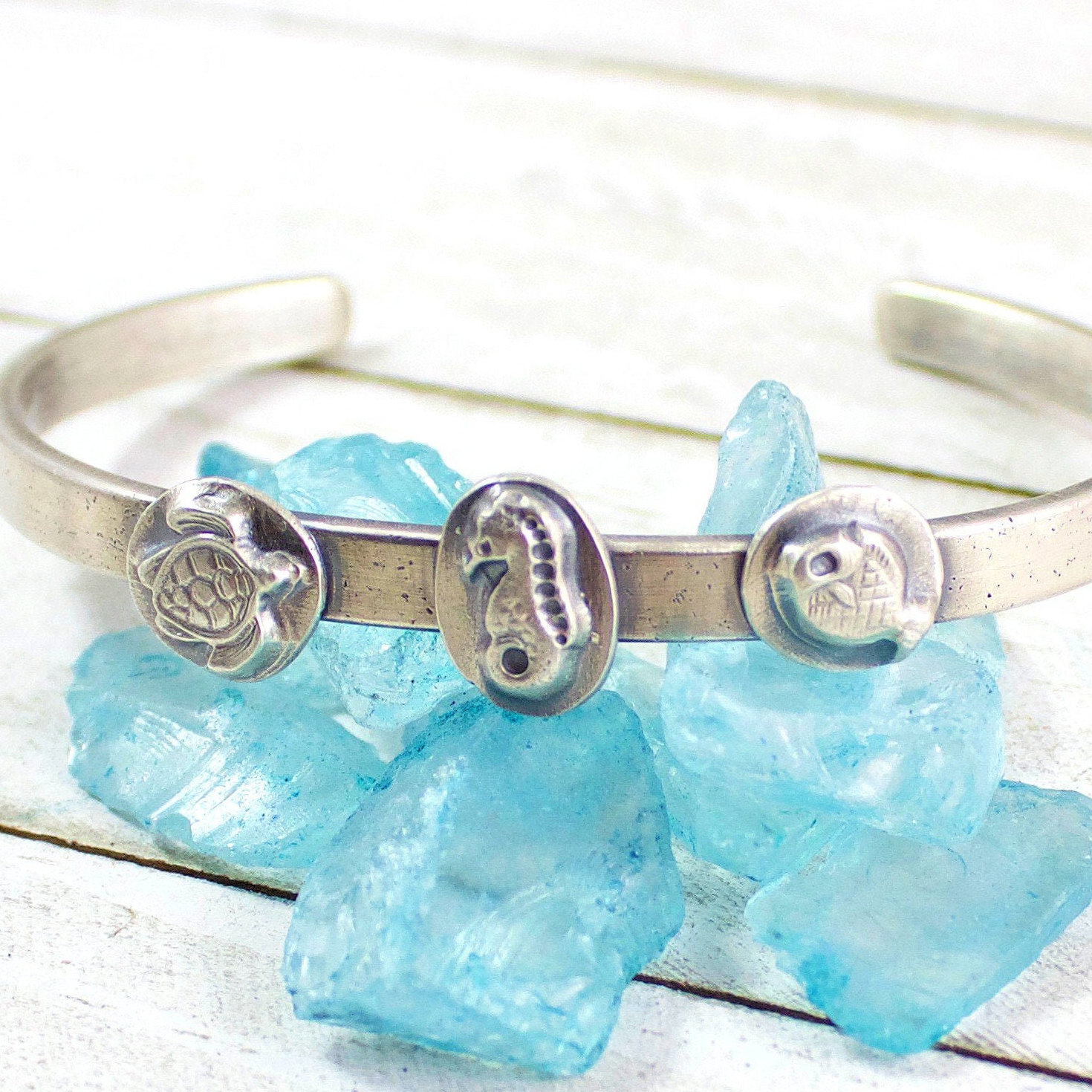 Ocean Life Cuff Bracelet in Sterling Silver With Turtle Seahorse Fish ...