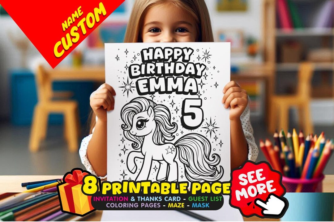 Personalized Birthday Coloring Pages Set of 8, Custom Name & Age, My ...