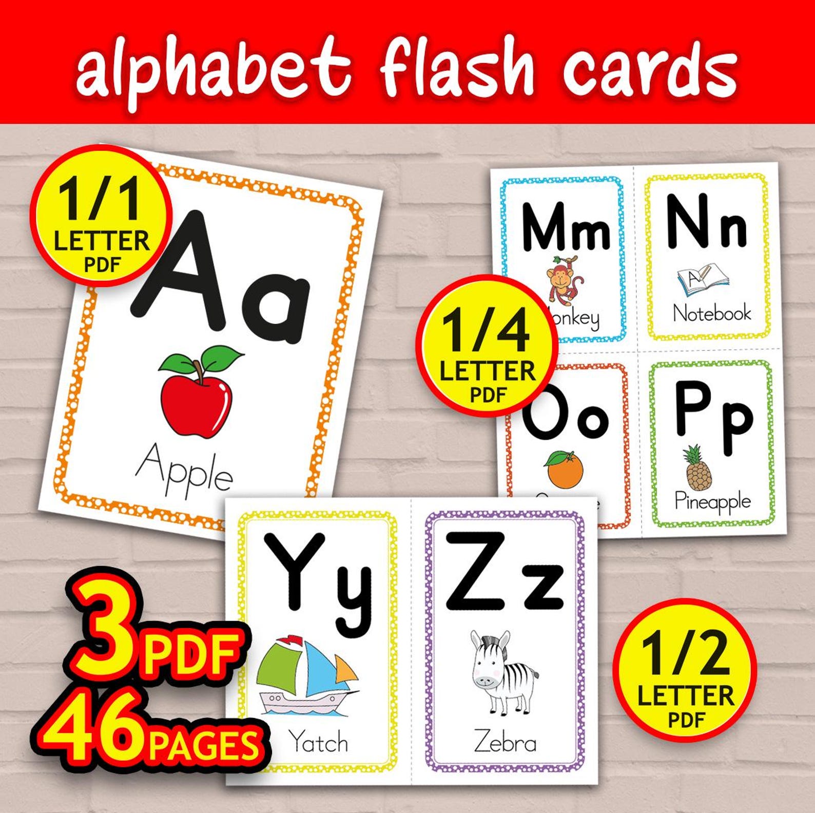 3 Sizes Alphabet Flash Cards Color Printable | Fun, Educational A-Z ...