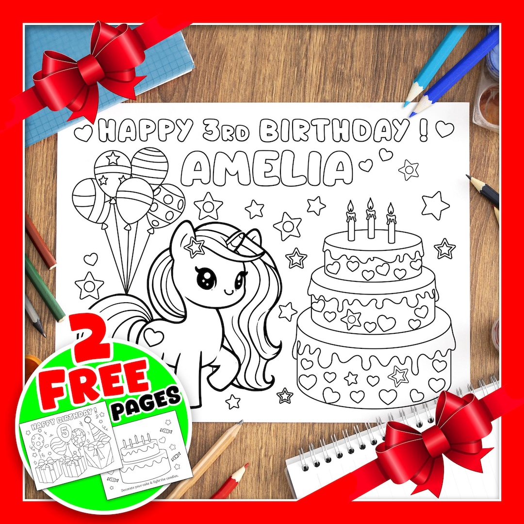 Personalized Birthday Coloring Page – Custom Name, Unicorn Themed, Cake ...