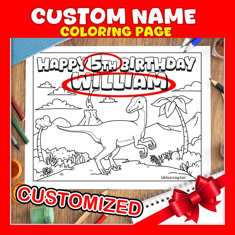 PERSONALIZED Dinosaur Birthday Coloring Pages: Custom Kids Party ...