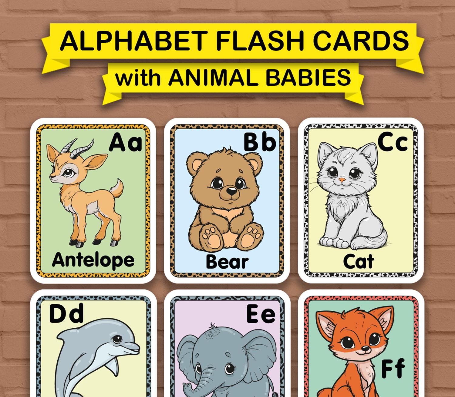 Alphabet Flashcards With Animal Babies Printing Practice, A-Z Cards for ...