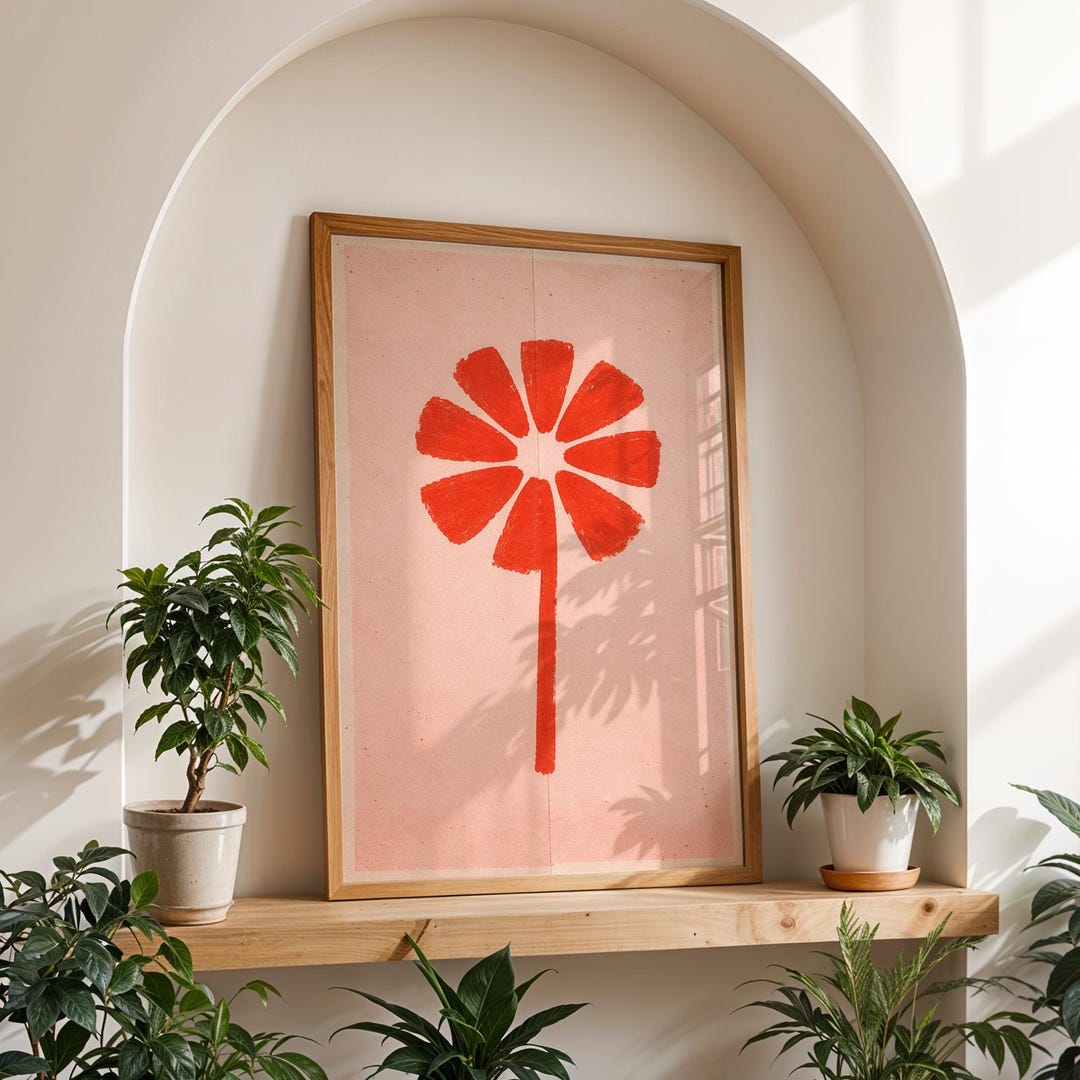 Red Flower Art, Modern Floral Poster, Minimalist Botanical Print, Soft ...