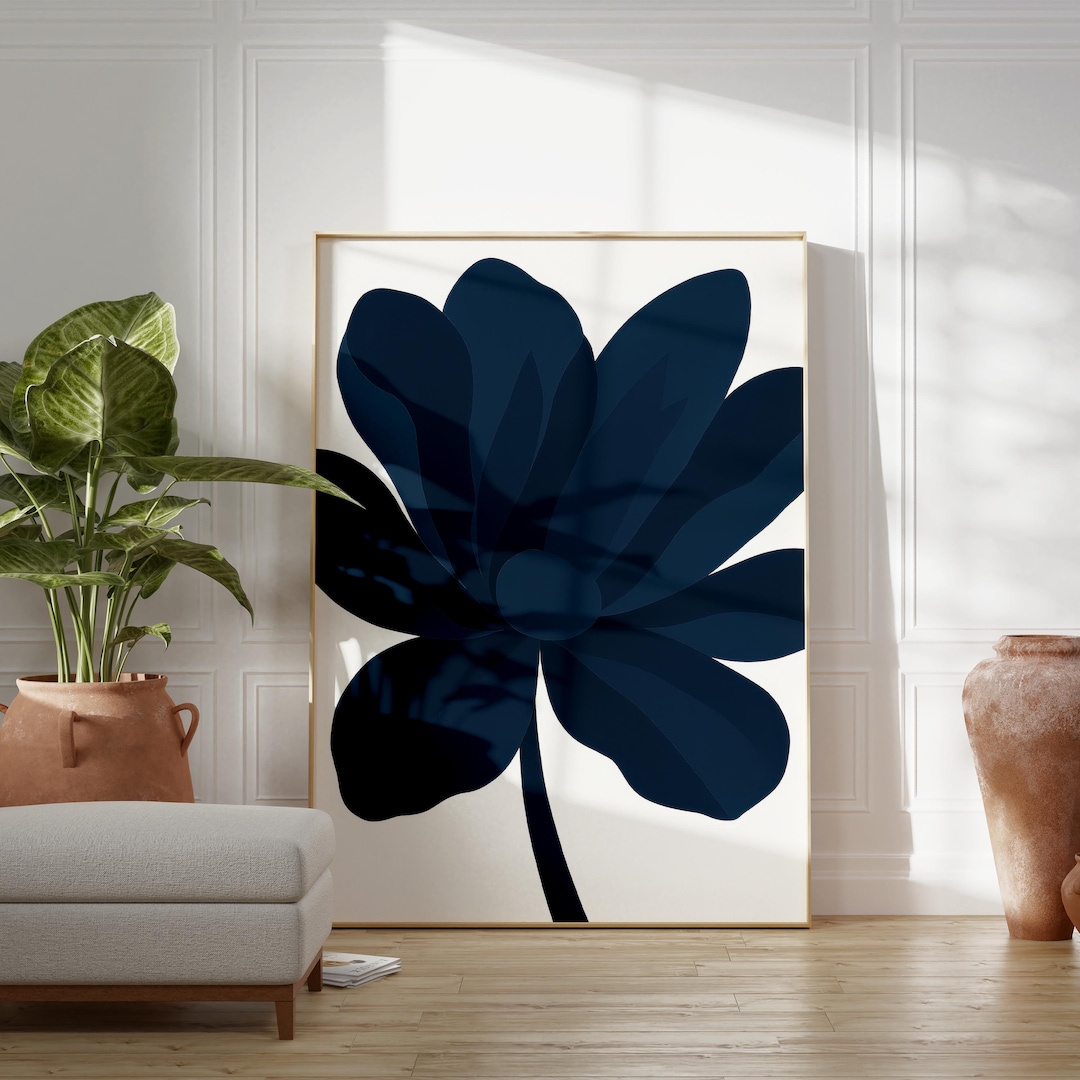 Modern Floral Poster, Navy Blue Flower Art, Minimalist Botanical Print ...