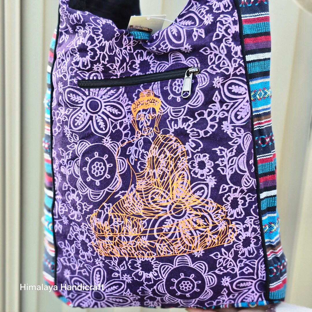 Lord Buddha, Chakras Screen Blue Printed Cotton Shoulder Bag , Natural ...