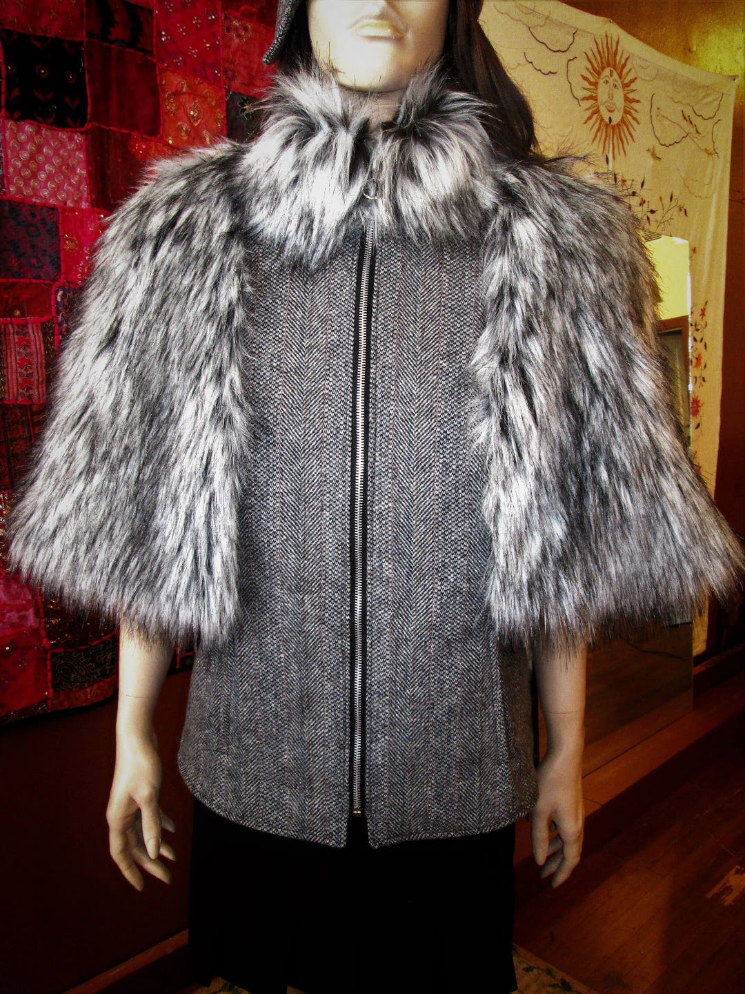 Herringbone Wool Cape Vest: Faux Fur Wings, Zip-up Pockets - Etsy