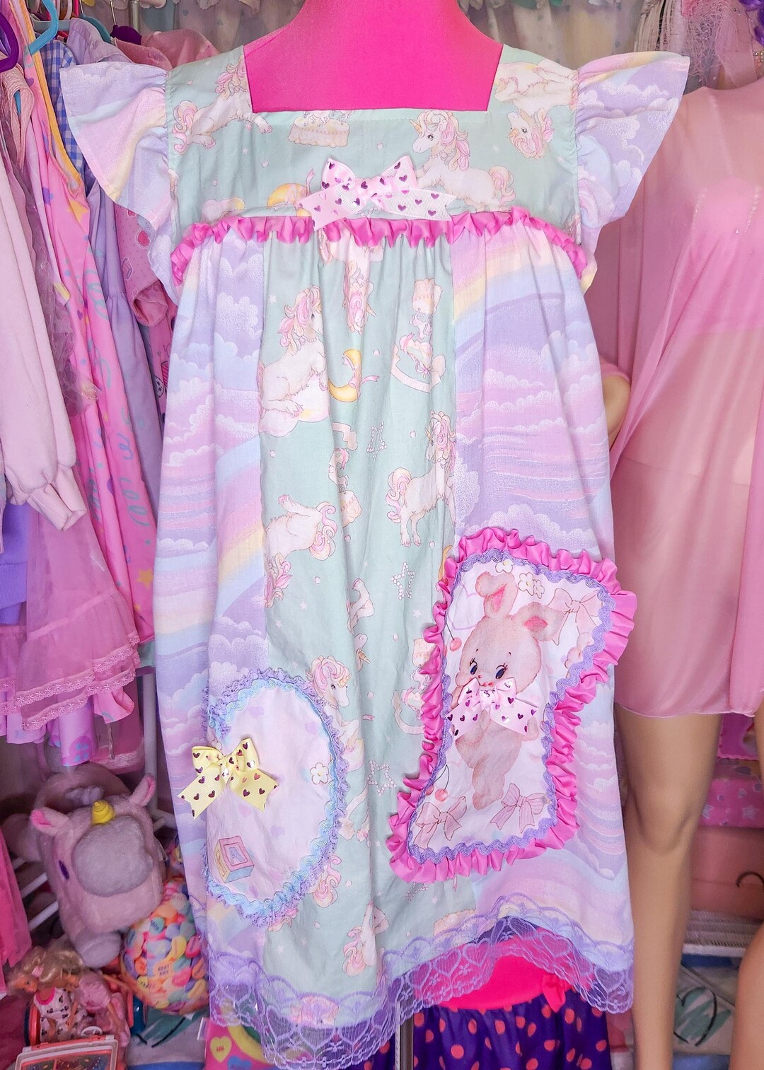 Pastel Rainbow Unicorn Collage Spank Kei Paneled 80s Nightie Dress Size ...