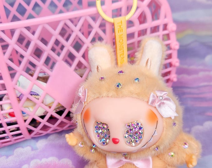 Tan Labubu Full Body Crystal Bling Plush Bag Charm, Key Chain Trinket ...
