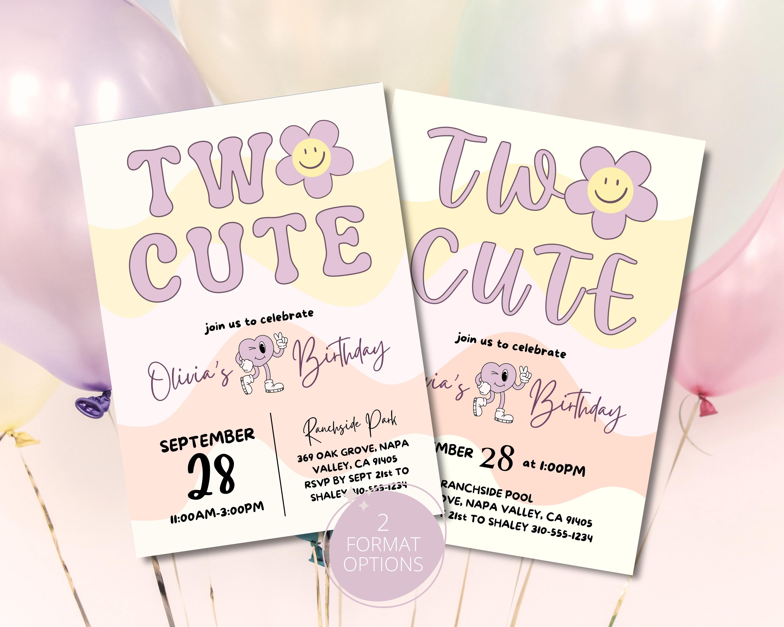 EDITABLE Two Cute Birthday Invitation, Girl 2nd Birthday Invite, Retro ...