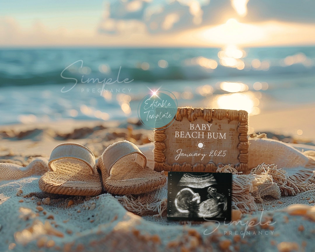 Simple Beach Pregnancy Announcement Digital, Minimalist Summer Baby ...
