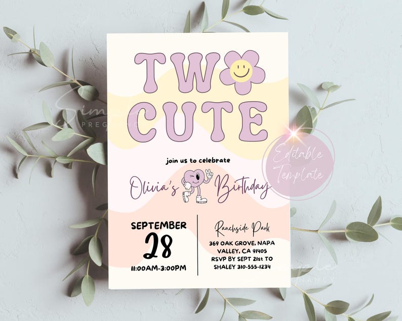 EDITABLE Two Cute Birthday Invitation, Girl 2nd Birthday Invite, Retro ...