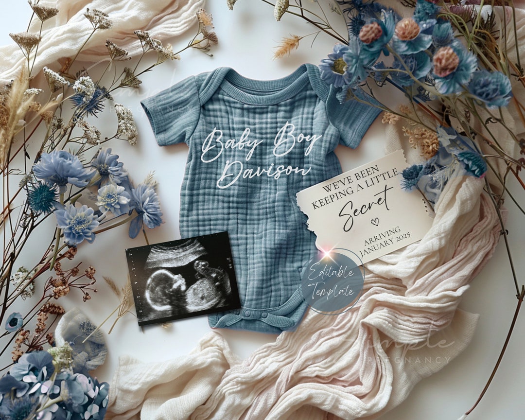 EDITABLE Simple Boy Pregnancy Announcement, Blue Boy Gender Reveal ...