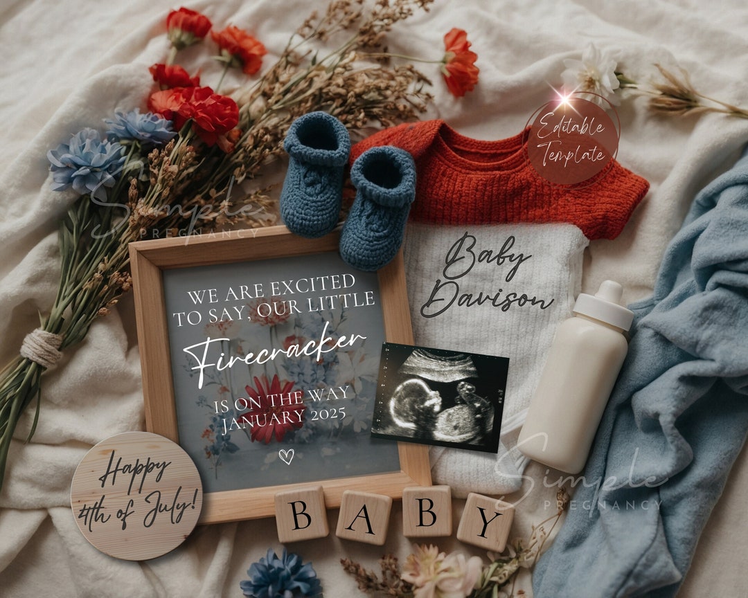 Simple July 4th Pregnancy Announcement Digital, Gender Neutral Baby ...