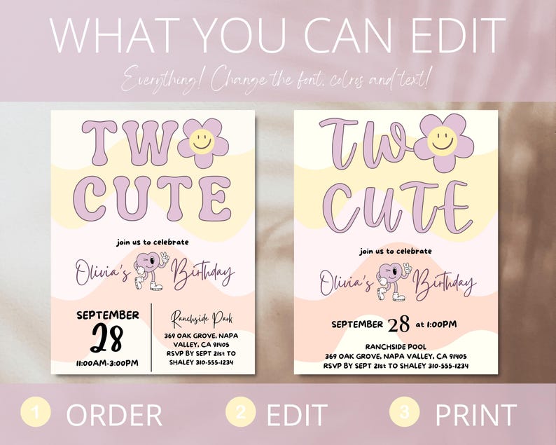 EDITABLE Two Cute Birthday Invitation, Girl 2nd Birthday Invite, Retro ...