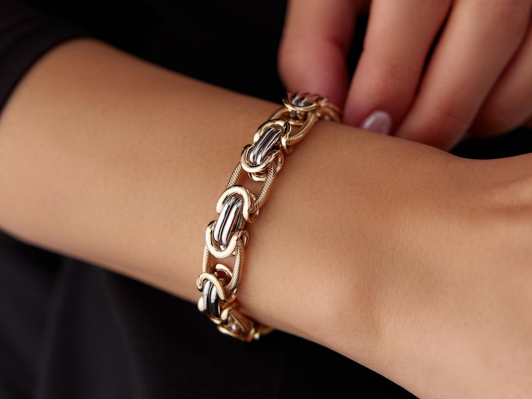 14K Gold Link Bracelet: Chunky Two-tone Chain, Elegant Statement ...