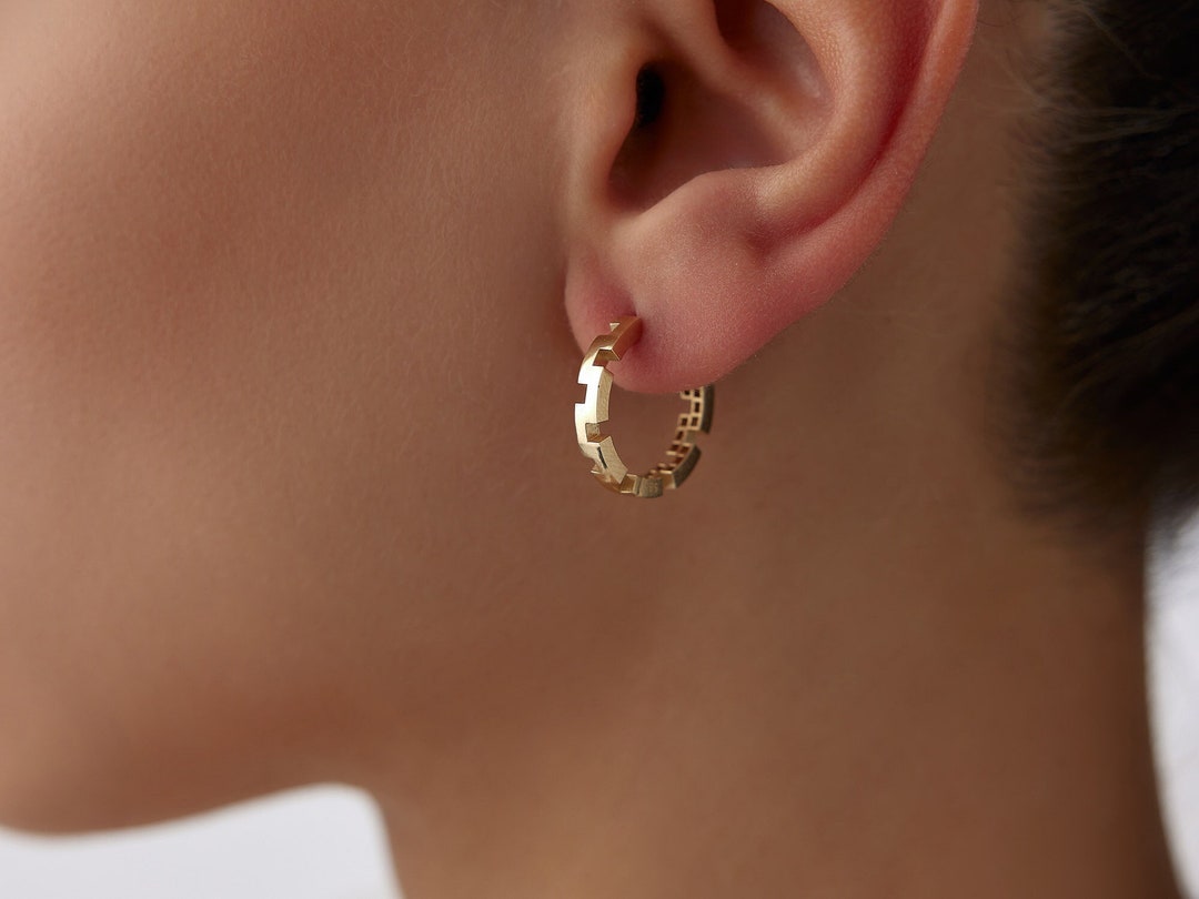 14K Gold Greek Key Hoop Earrings: Meander Design - Etsy