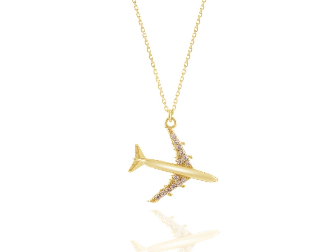 14K Solid Gold Airplane Necklace: CZ Travel Charm, Wanderlust Jewelry ...