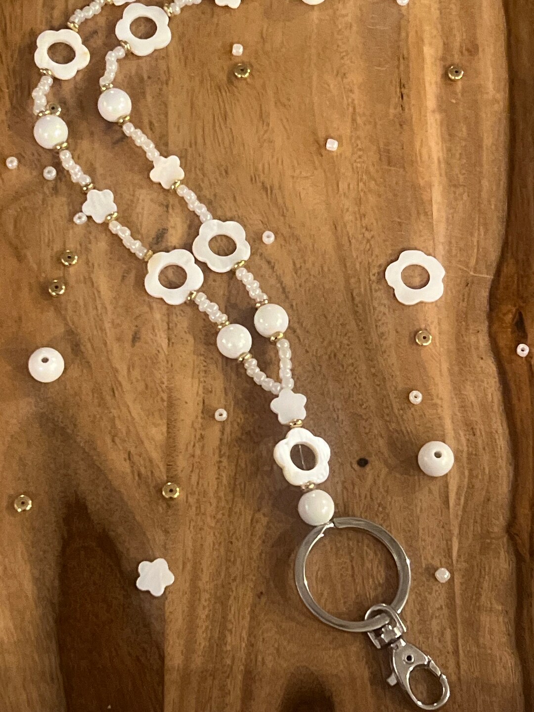 Handmade Neutral Beaded Lanyard With Flowers for Teachers & School ...