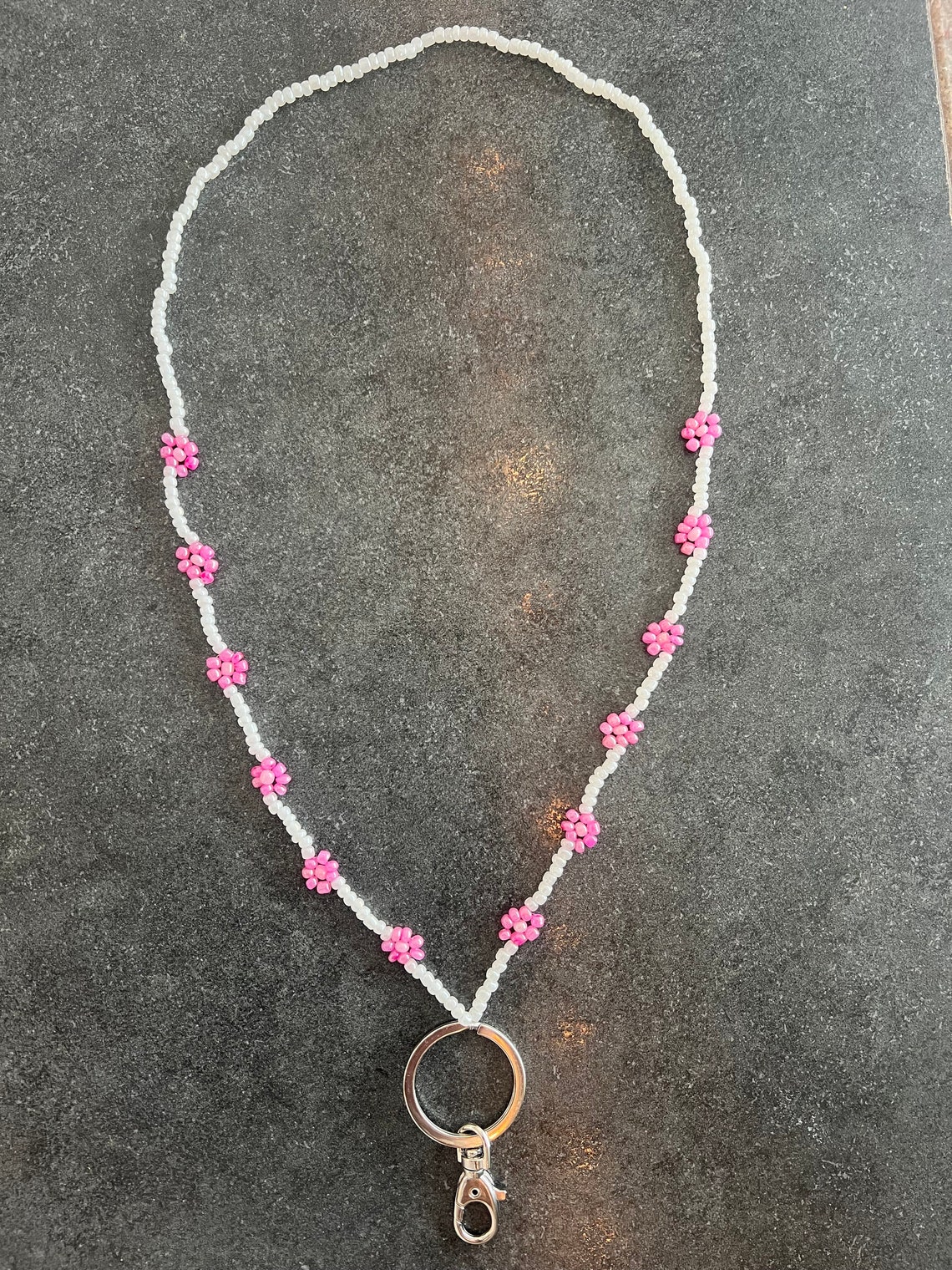 Handmade Beaded Lanyard for Teachers & School Staff / Pink Flowers ...