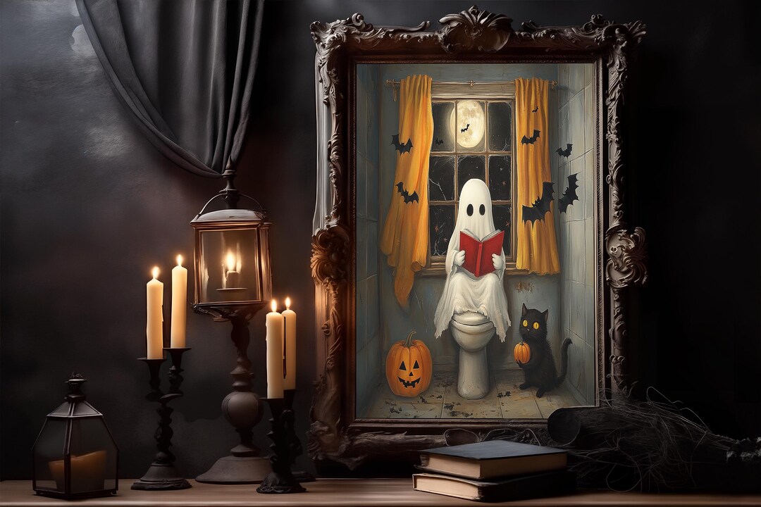 Ghost on Toilet Print, Ghost Reading Book in Bathroom, Ghost and Black ...