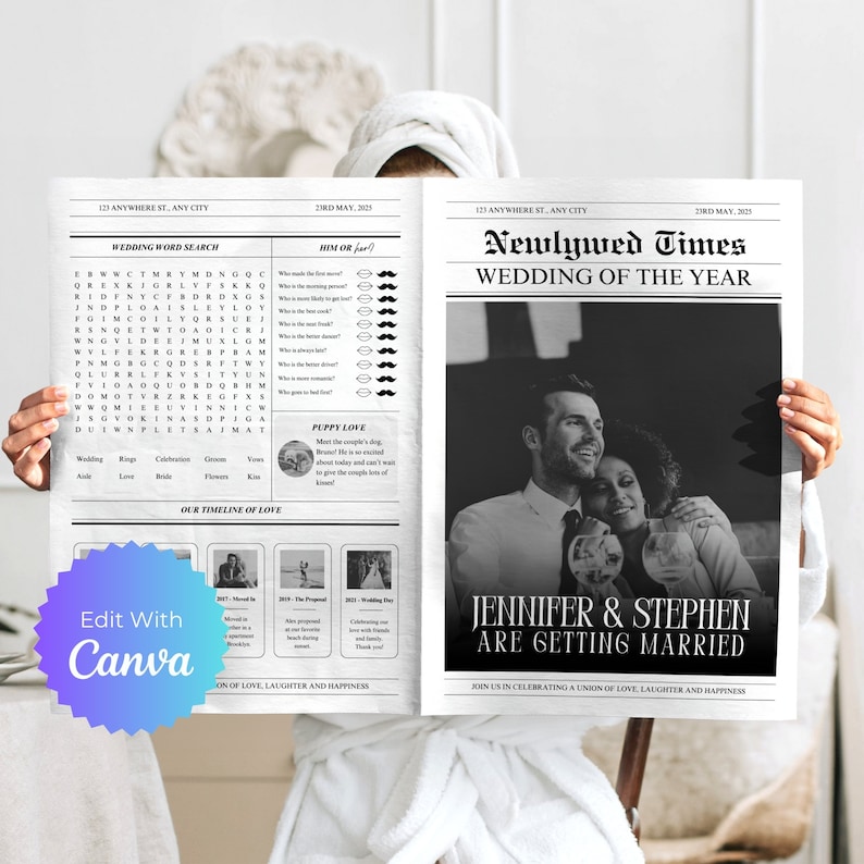 Wedding Newspaper Template With Photo, Wedding Newspaper Program Canva ...