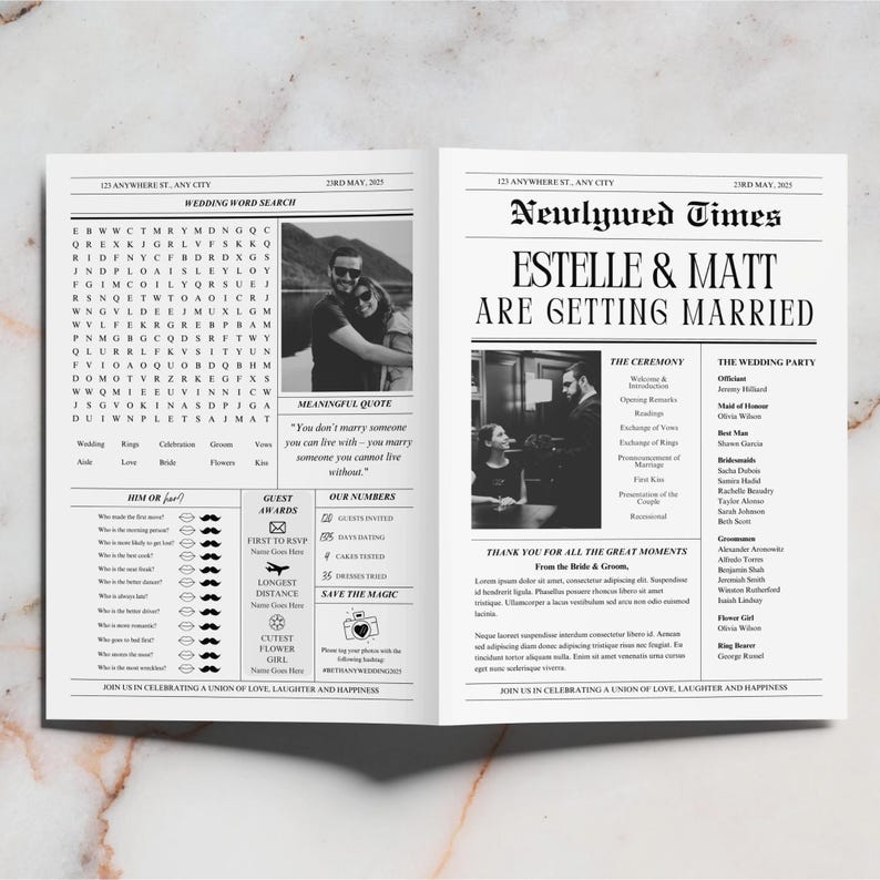 Wedding Newspaper Program Template, Newspaper Wedding Program, Newlywed ...