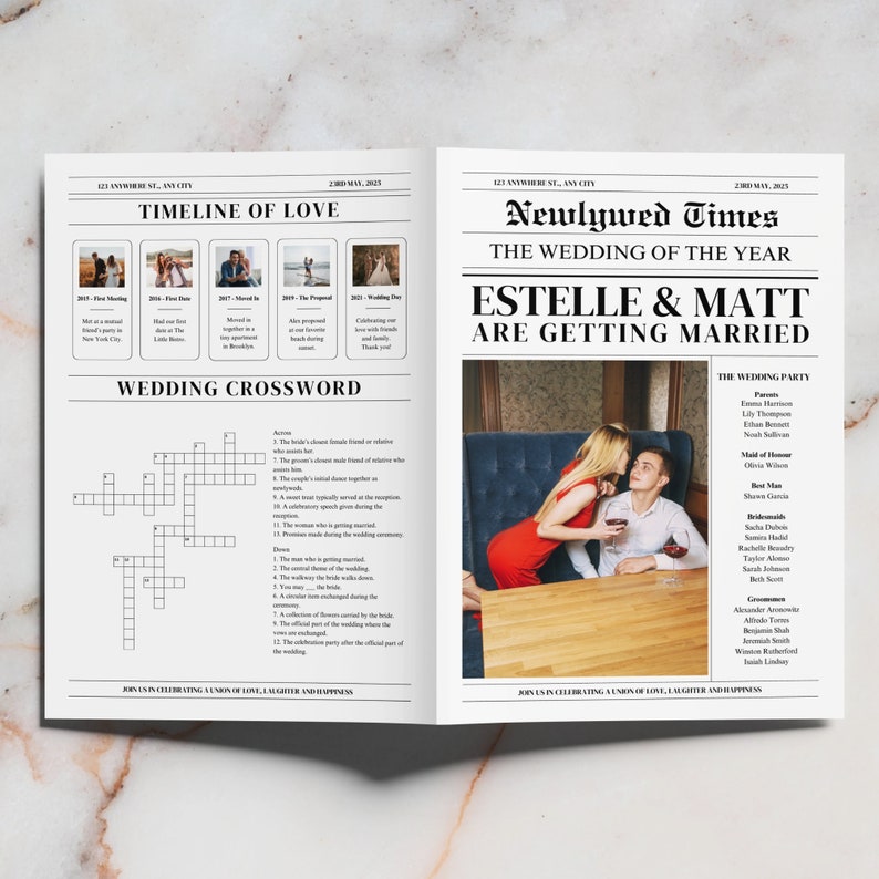 Wedding Newspaper Template Canva, Wedding Program Template, Newspaper ...