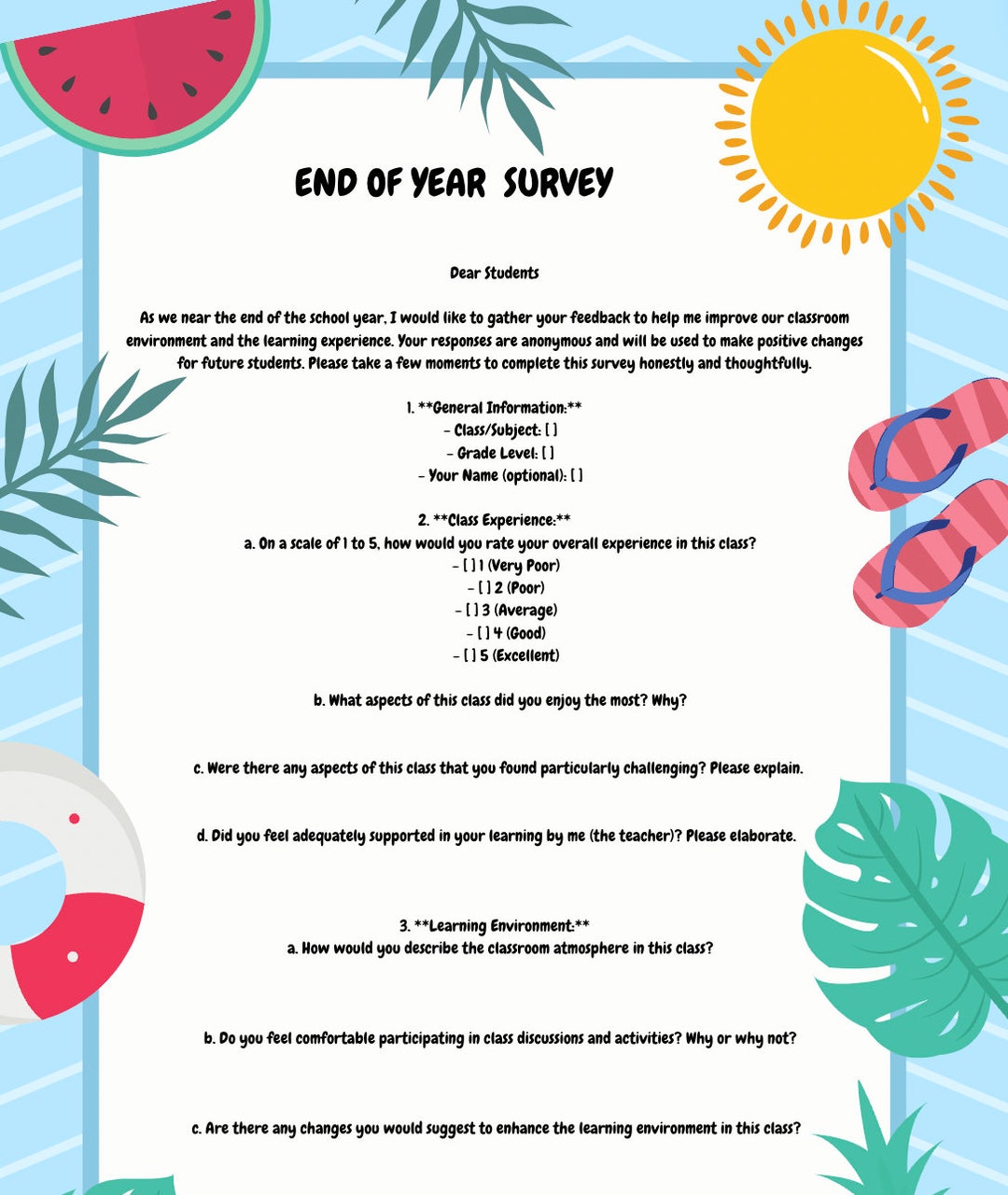 End of Year Student Survey - Etsy