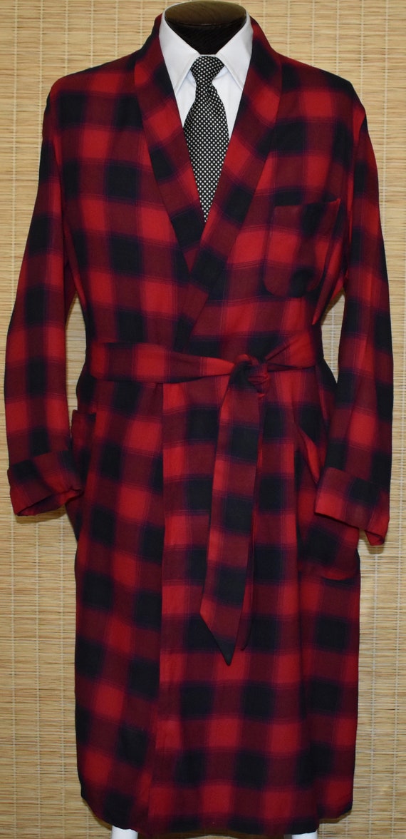 50s Mens Plaid Robe, Checked Wrap Robe, Red & Black W… - Gem