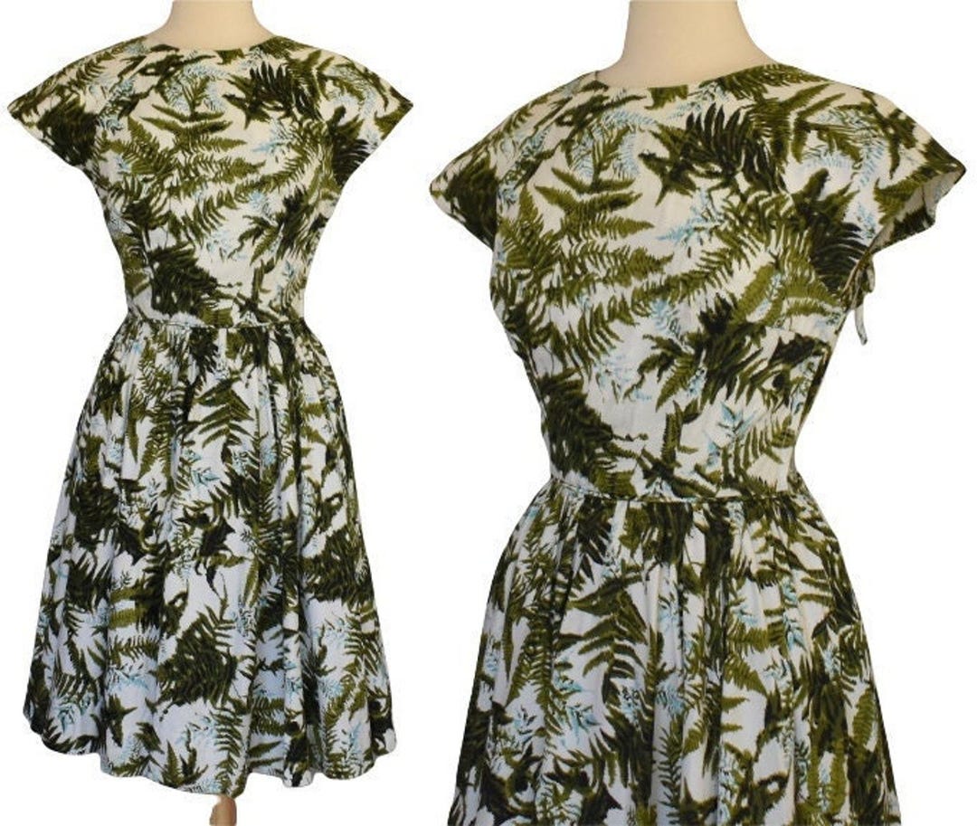 Vintage 50s Botanical Fern Print Dress, Full Skirted Fit and Flare ...