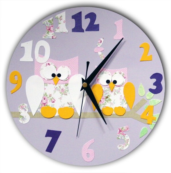 Personalised Owl Clock, Nursery Decor - Blue, Pink, Yellow, Purple ...