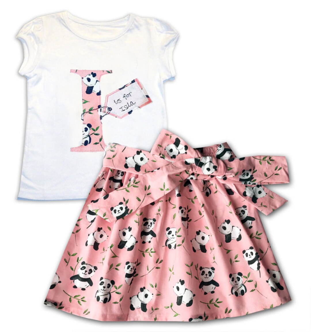 Girl's Panda Personalised Skirt and T-shirt Outfit, Personalized Tee ...