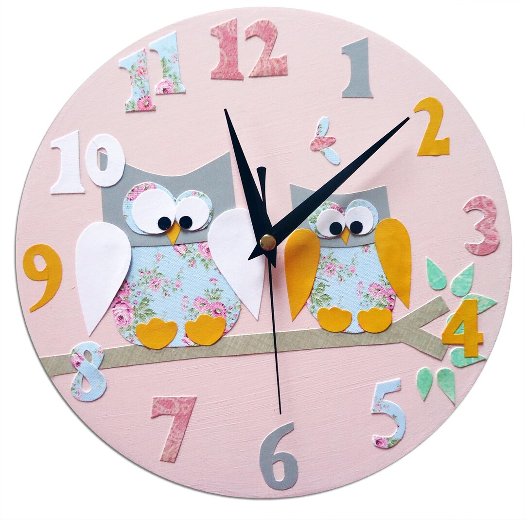 Personalised Owl Clock, Girls Nursery Decor - Blue, Pink, Yellow, Wall ...