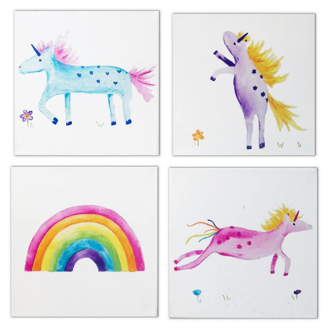 Unicorn and Rainbow Art, Painting on Canvas X 4, Nursery Decor, Girls ...