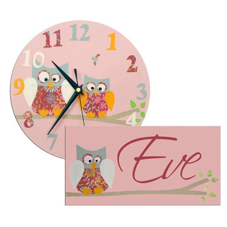 Owl Clock and Personalised Door Sign Gift Set, Girls Clock, Owl Gift ...