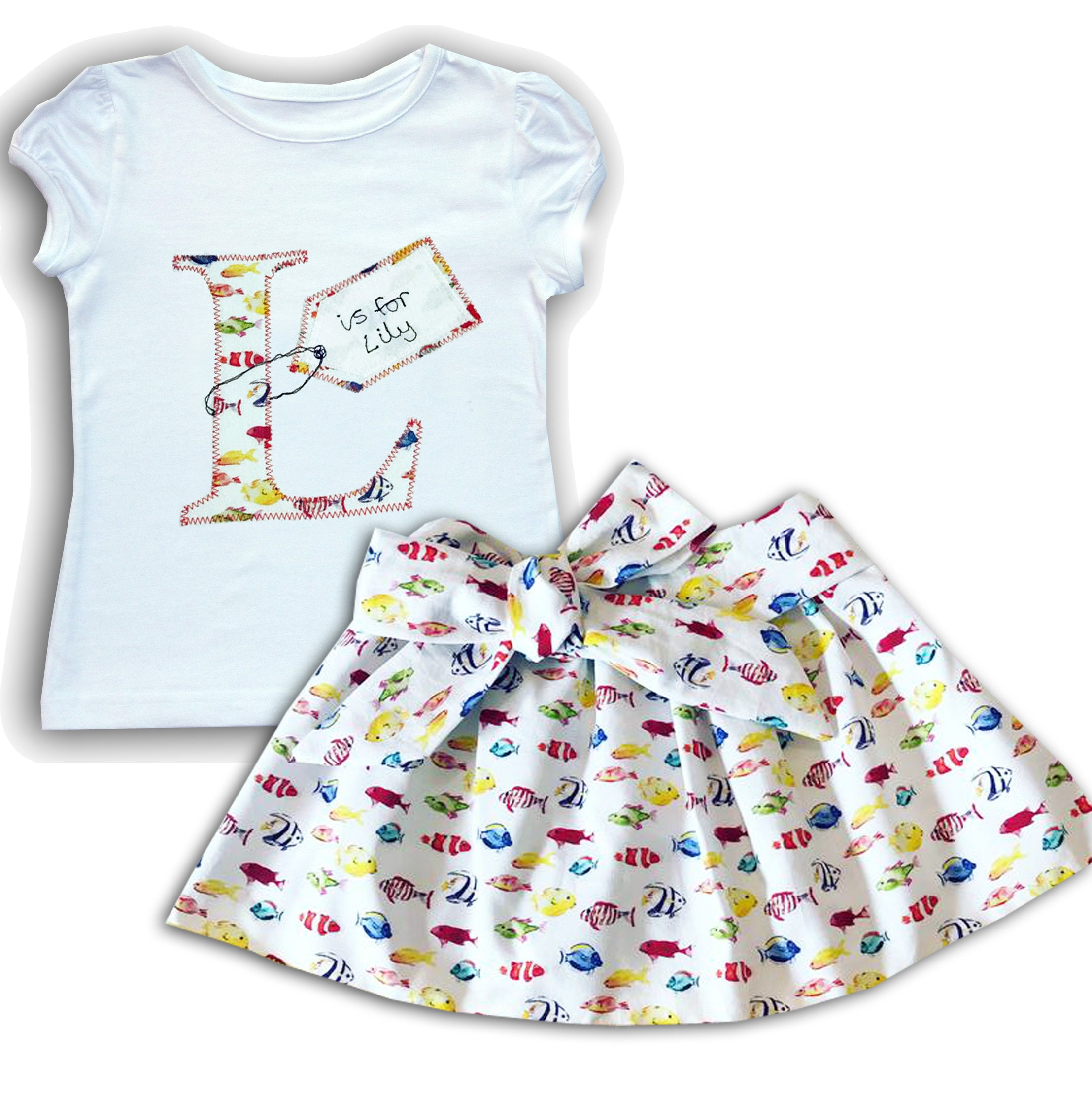 Girl's Personalised Fish Skirt and T-shirt Outfit, Girls Fish Tee Shirt ...