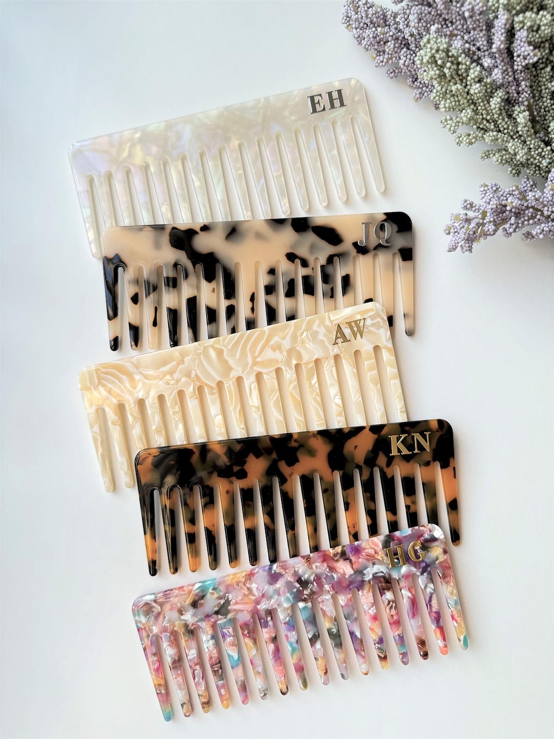 Large Initial Acetate Hair Comb, Personalized Tortoise Shell Wide Tooth ...