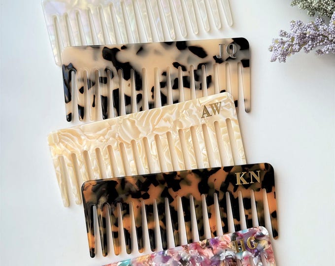 Large Initial Acetate Hair Comb, Personalized Tortoise Shell Wide Tooth ...