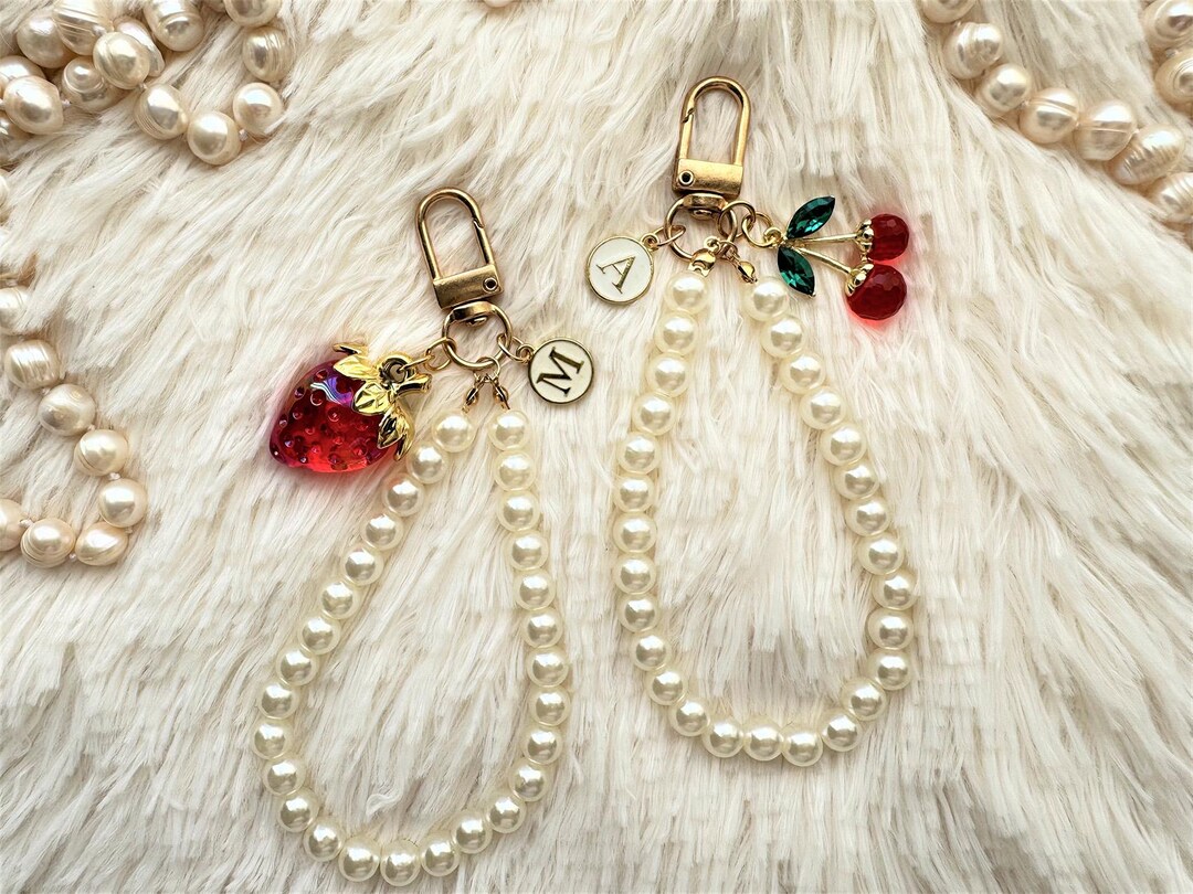 Custom Initial Pearl Keychain Bag Charm, Cherry Strawberry Bag Charm ...
